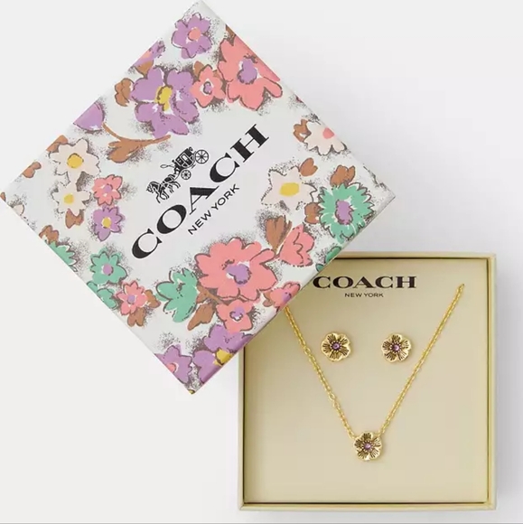 Coach Tea Rose Pendant Necklace And Earrings Gift Set Jewelry